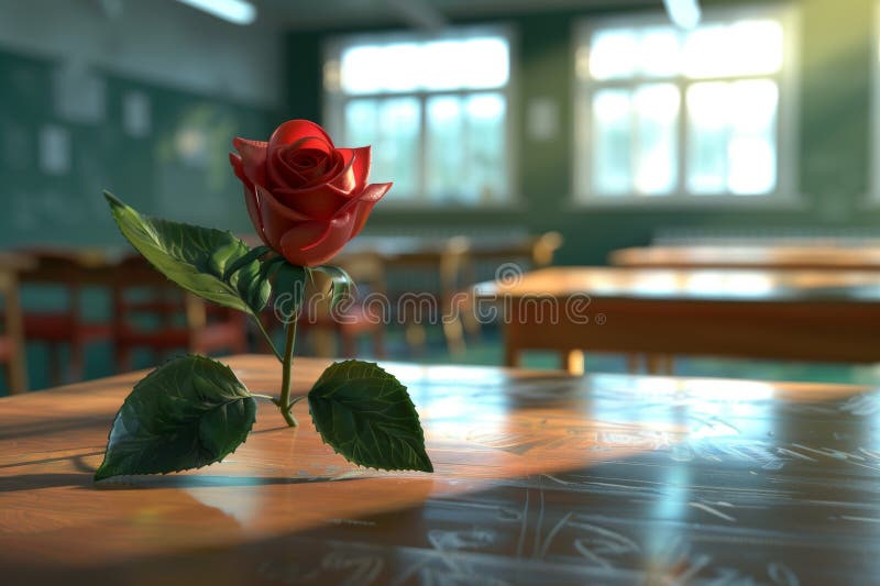 Single Red Rose with Leaves Resting on a Wooden Classroom Table ...