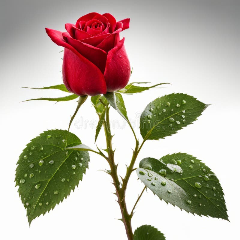 A Single Red Rose with Leaves and Stems Covered in Dew Stock ...