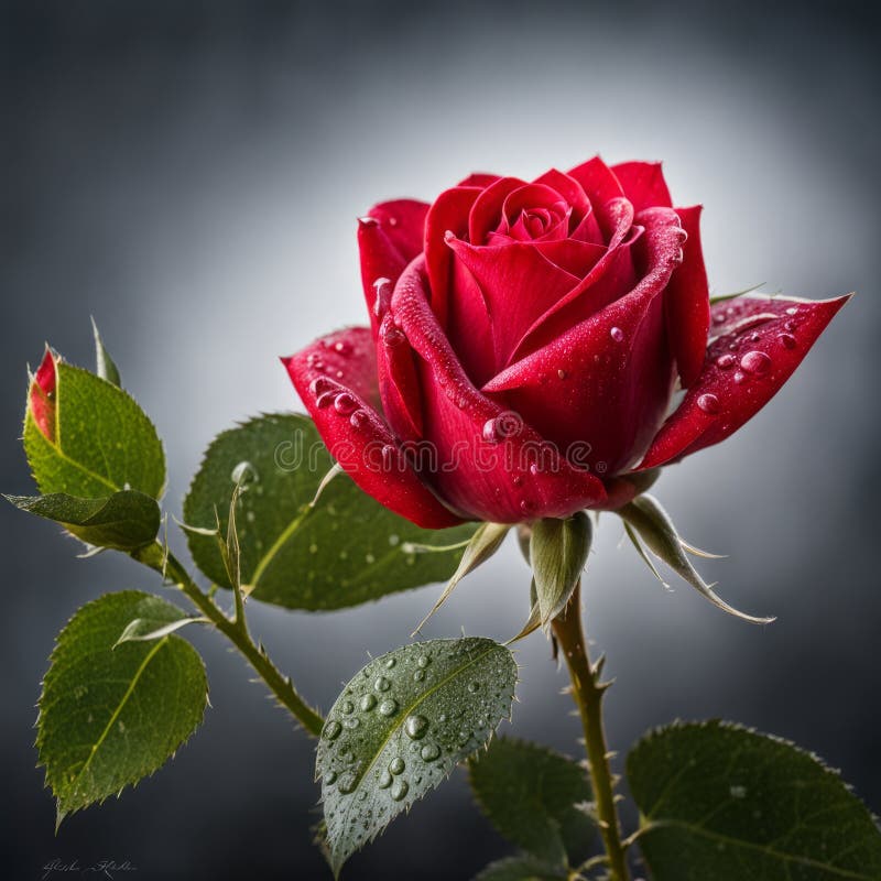 A Single Red Rose with Leaves and Stems Covered in Dew Stock ...
