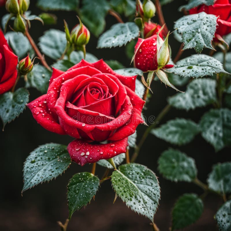 A Single Red Rose with Leaves and Stems Covered in Dew Stock ...