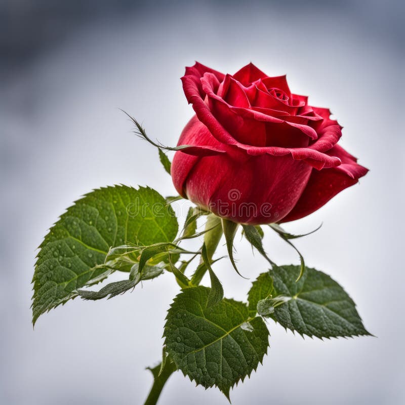 A Single Red Rose with Leaves and Stems Covered in Dew Stock ...