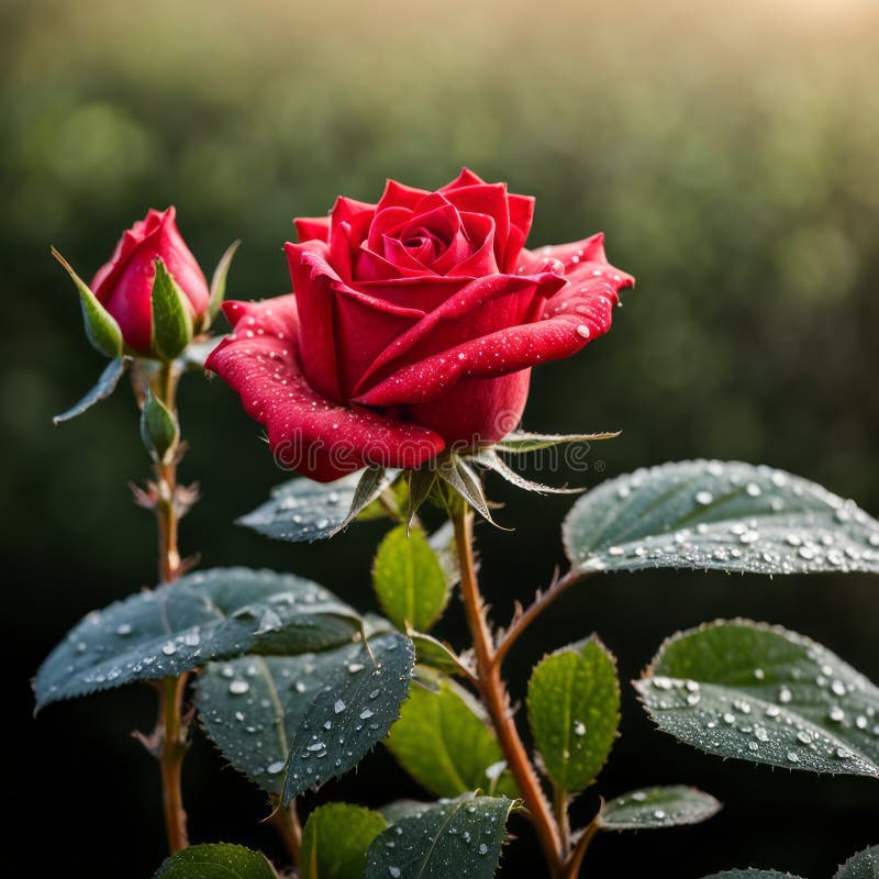 A Single Red Rose with Leaves and Stems Covered in Dew Stock ...