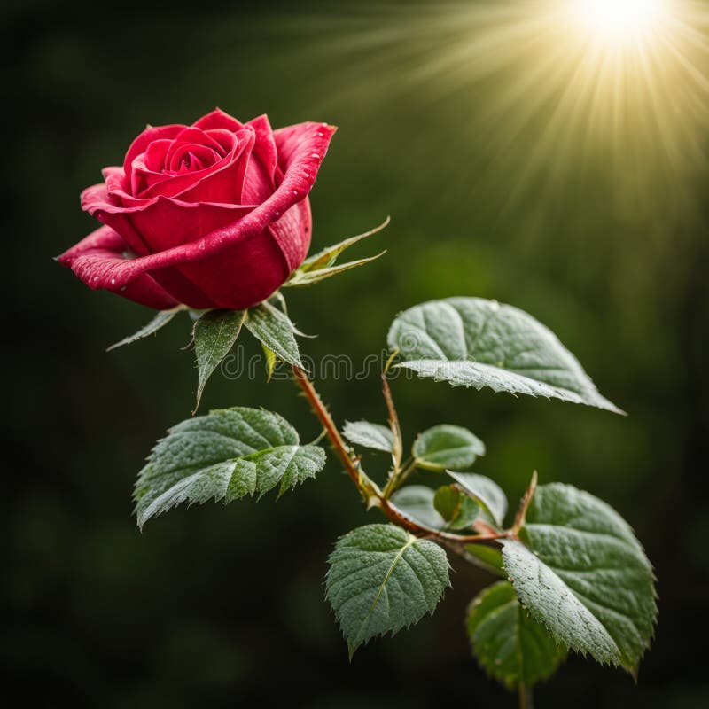 A Single Red Rose with Leaves and Stems Covered in Dew Stock ...