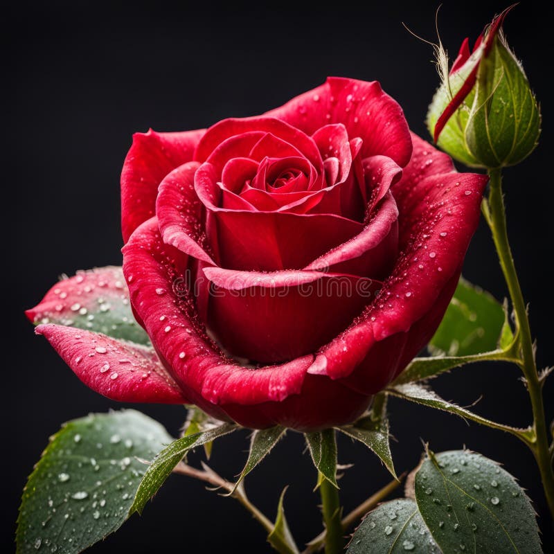 A Single Red Rose with Leaves and Stems Covered in Dew Stock ...