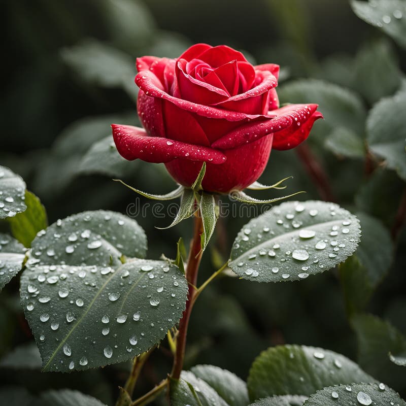 A Single Red Rose with Leaves and Stems Covered in Dew Stock ...