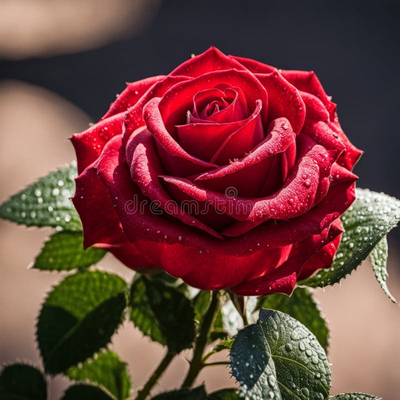 A Single Red Rose with Leaves and Stems Covered in Dew Stock ...