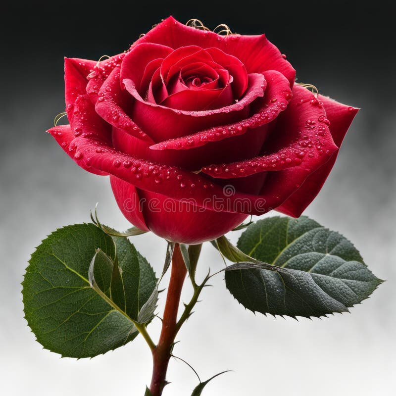 A Single Red Rose with Leaves and Stems Covered in Dew Stock ...