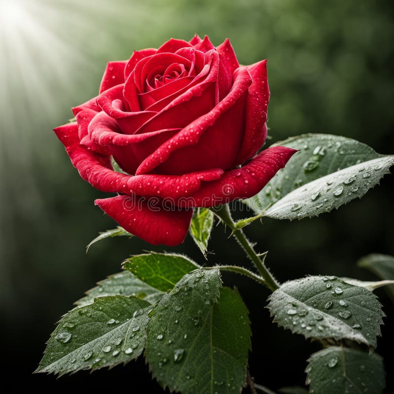 A Single Red Rose with Leaves and Stems Covered in Dew Stock ...