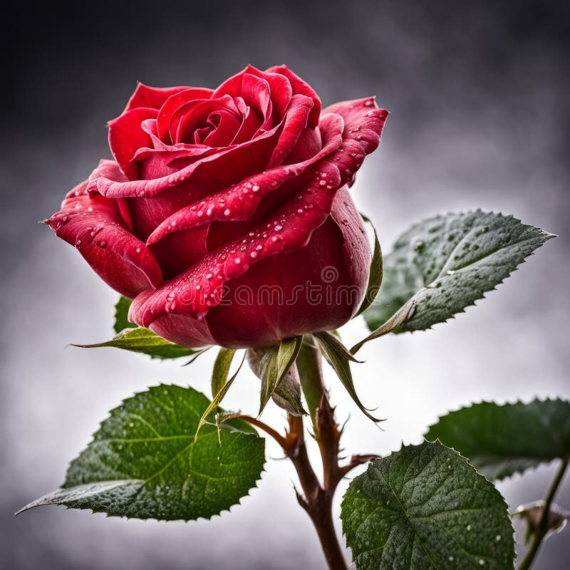 A Single Red Rose with Leaves and Stems Covered in Dew Stock ...