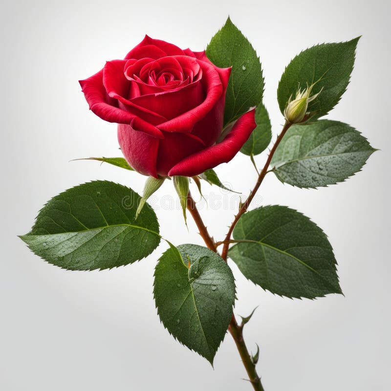 A Single Red Rose with Leaves and Stems Covered in Dew Stock ...