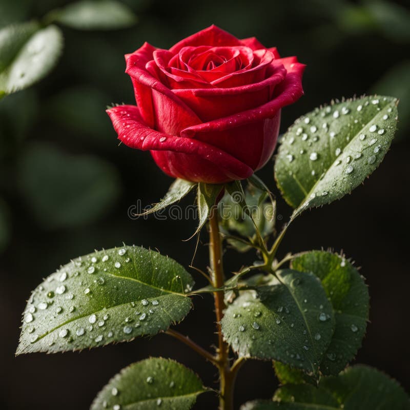 A Single Red Rose with Leaves and Stems Covered in Dew Stock ...