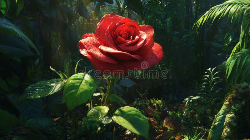 Single Red Rose in Lush Tropical Garden Stock Illustration ...