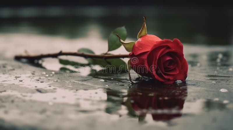 Single Red Rose Lying in the Rain on a Wet Surface Reflecting Love and ...