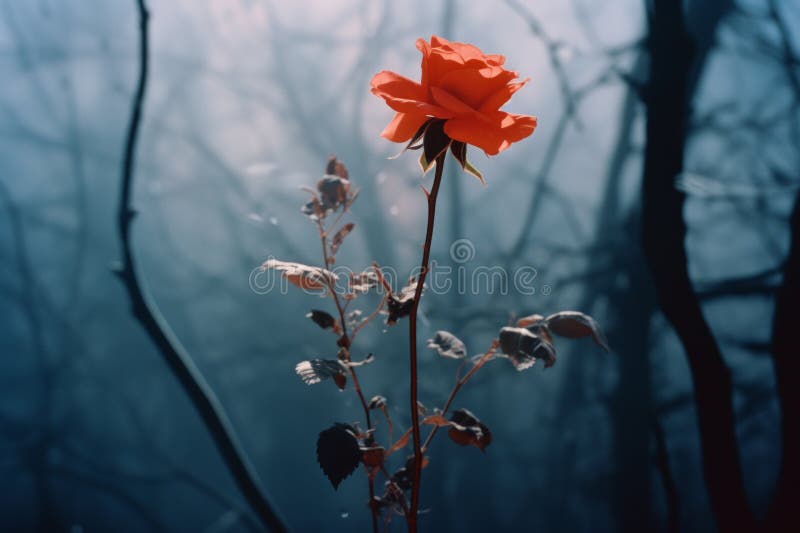 A Single Red Rose in the Middle of a Dark Forest Stock Illustration ...