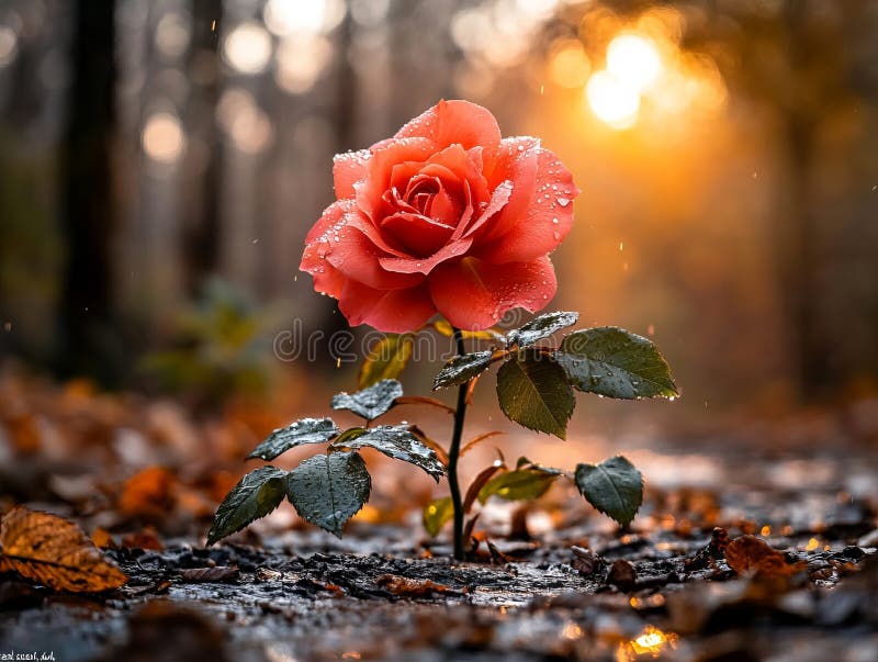 A Single Red Rose in the Middle of a Forest with Leaves on the Ground ...