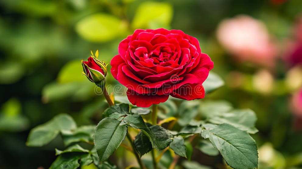 A Single Red Rose in the Middle of a Lush Green Field Stock Photo ...