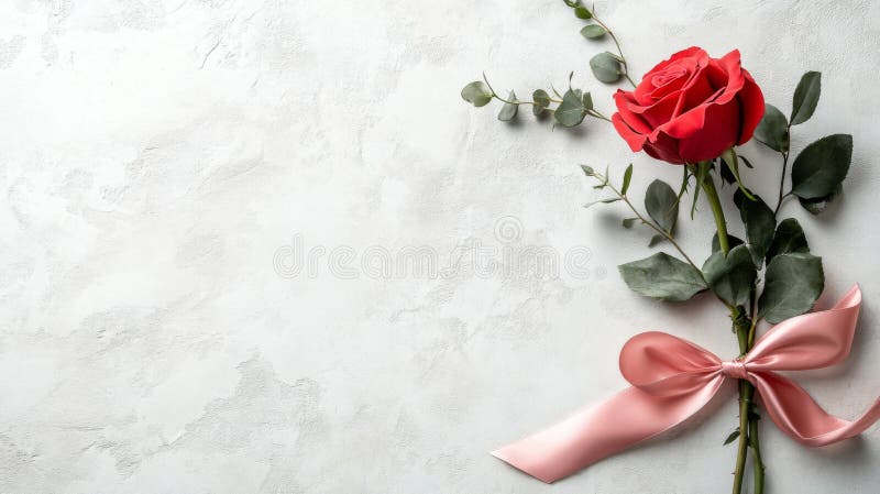 Single Red Rose with Pink Ribbon on White Background Stock Illustration ...