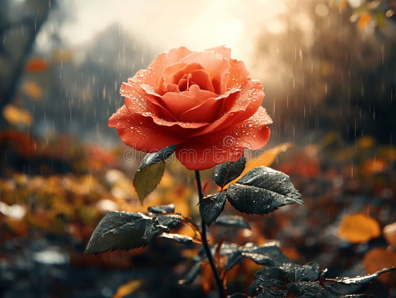 A Single Red Rose in the Rain with Leaves in the Background Stock Photo ...