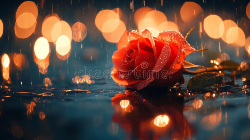 A Single Red Rose in the Rain at Night Stock Illustration ...