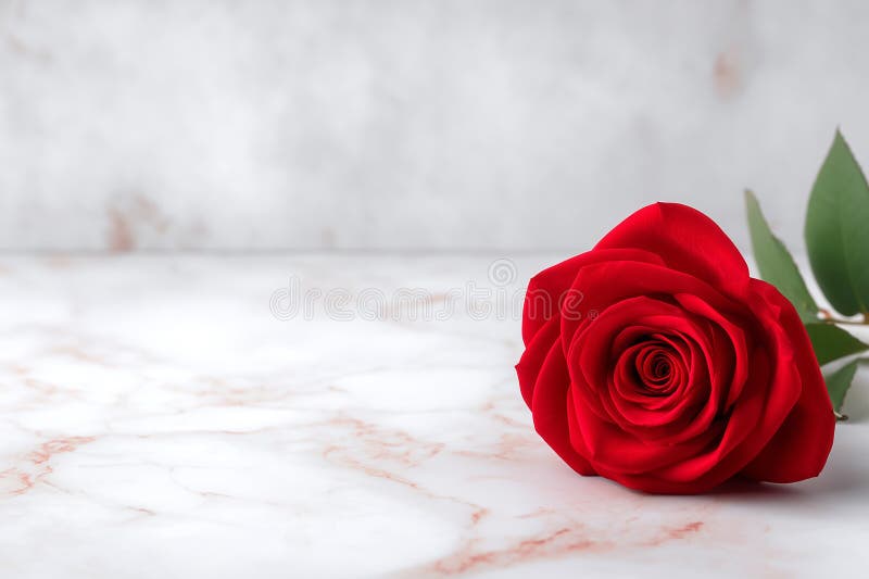 Single Red Rose Resting on Smooth Marble Surface with Subtle Veining ...