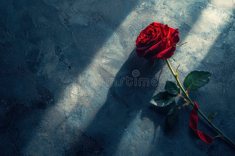 Single Red Rose with Ribbon on Textured Surface, Soft Lighting Creates ...