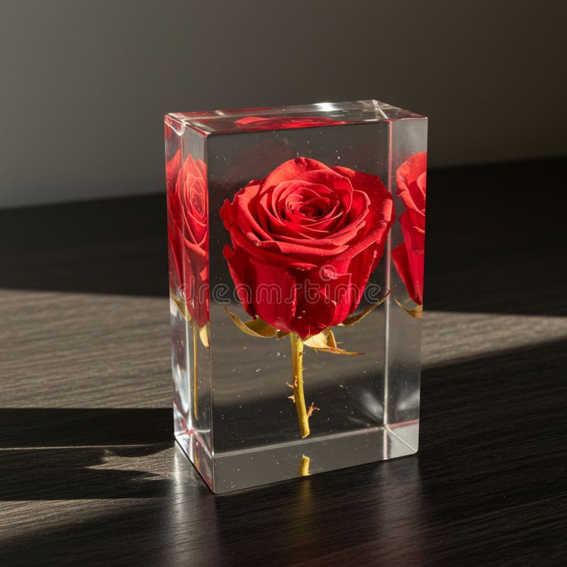 A Single Red Rose (Rosa Spp.) is Encased in a Clear Rectangular Block ...