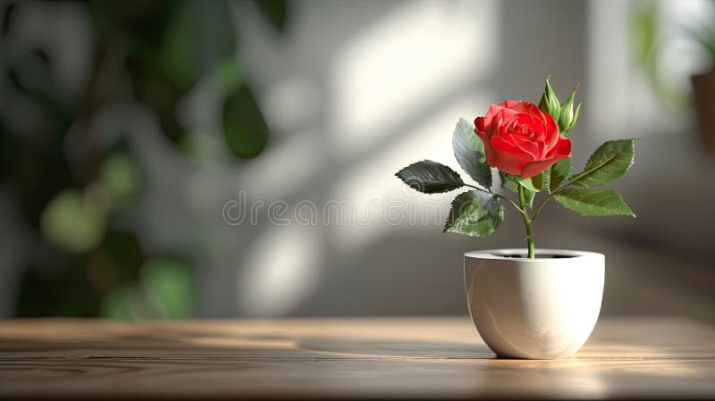 A Single Red Rose Sits in a White Pot on a Wooden Table. the Rose is in ...