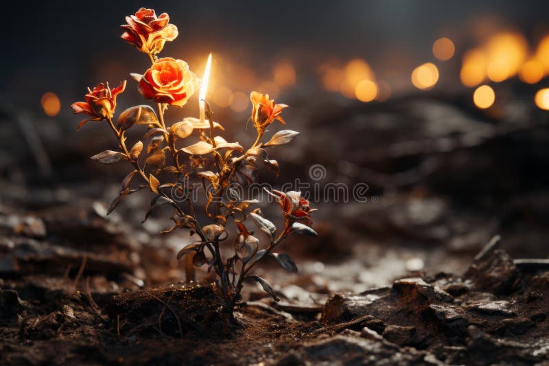 A Single Red Rose is Sitting on the Ground in Front of a Fire Stock ...