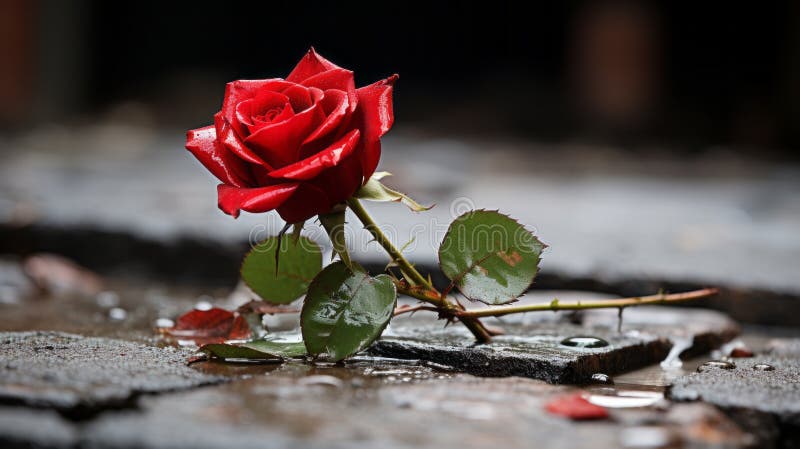 A Single Red Rose Sitting on the Ground in the Rain Stock Illustration ...