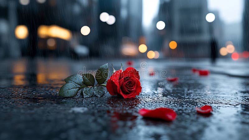 A Single Red Rose Sitting on the Ground in the Rain Stock Photo - Image ...