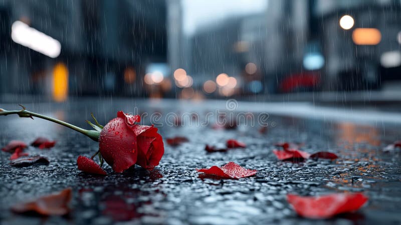 A Single Red Rose Sitting on the Ground in the Rain Stock Image - Image ...