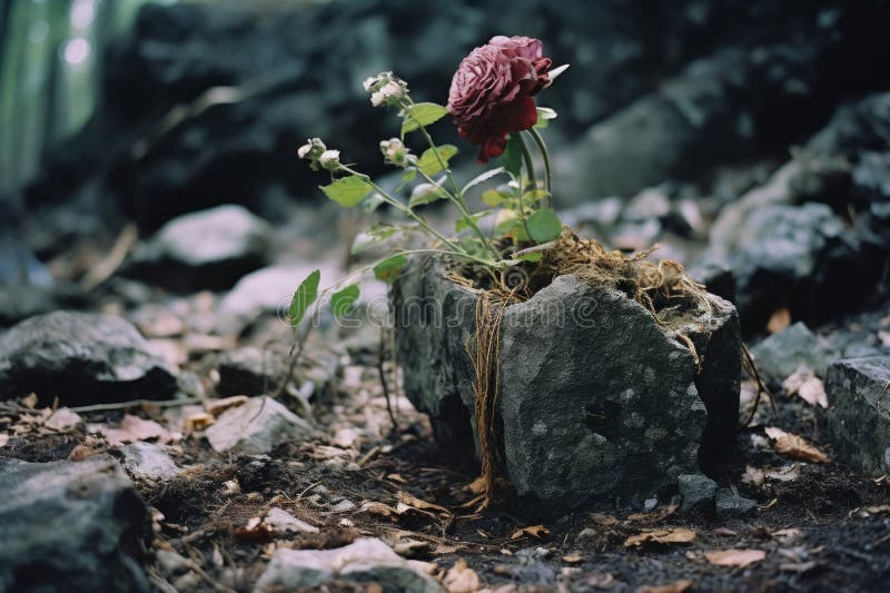 A Single Red Rose is Sitting on Top of a Rock Stock Illustration ...
