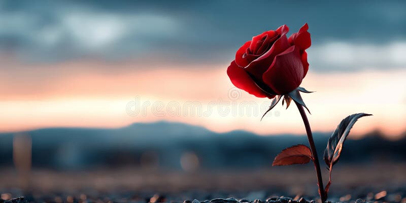 A Single Red Rose Sitting on Top of a Rock in the Middle of a Field ...