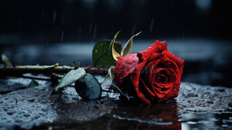 A Single Red Rose Sitting on a Wet Surface with Rain Falling, AI Stock ...