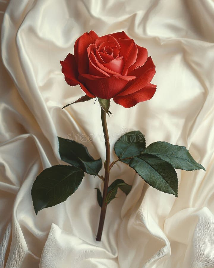 Single Red Rose on Soft White Silk Fabric, Symbolizing Love and ...