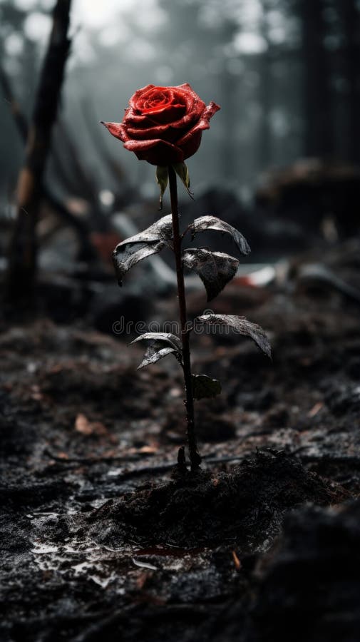 Single Red Rose Standing Strong in a Moody Forest Stock Illustration ...