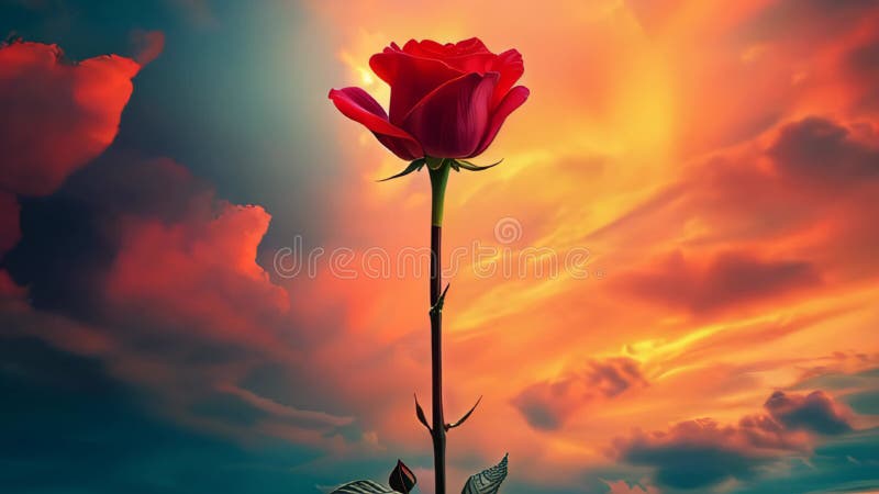 A Single Red Rose Stands Tall Against a Vivid Sunset Sky, Creating a ...