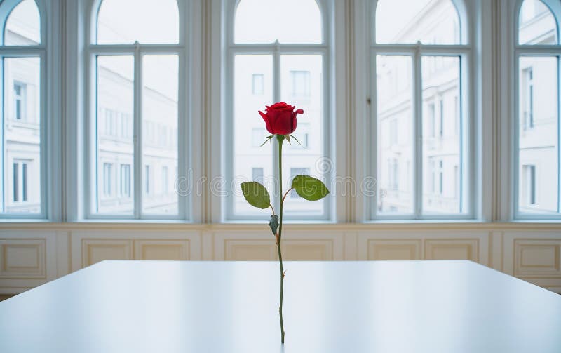 A Single Red Rose Stands Tall on a White Table in an Elegant Room with ...