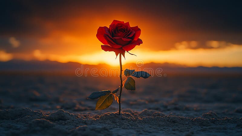 Desert Landscape with Red Rose. Vector Illustration in Flat Style Stock ...