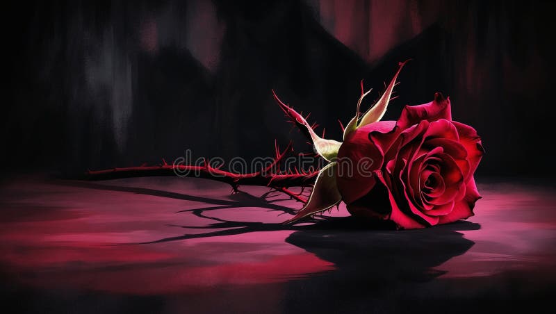 Single Red Rose with Thorns Lays on Dark Background. Rose is ...