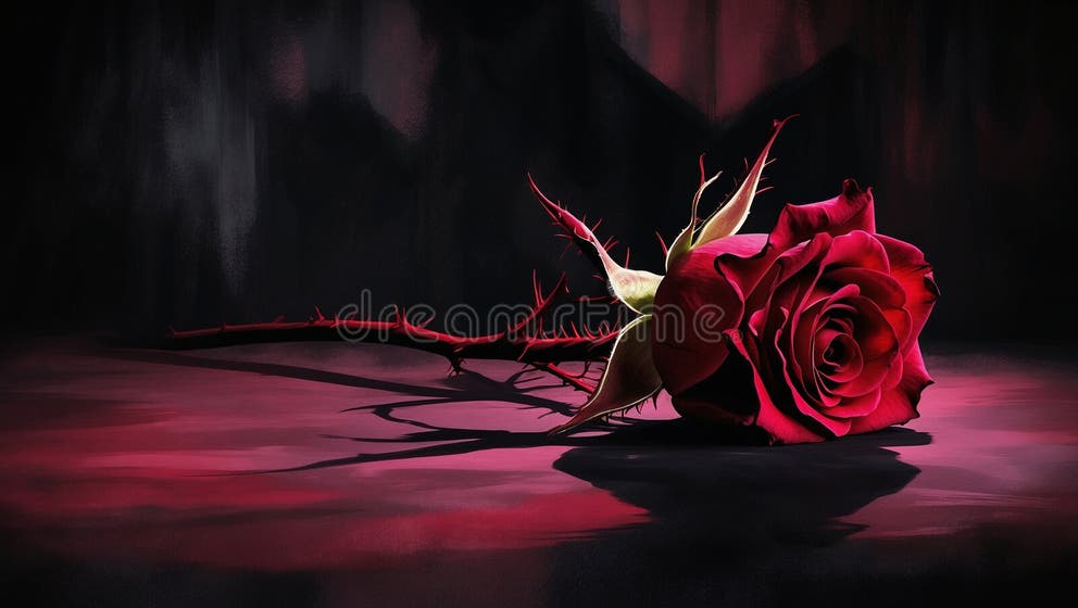 Single Red Rose with Thorns Lays on Dark Background. Rose is ...