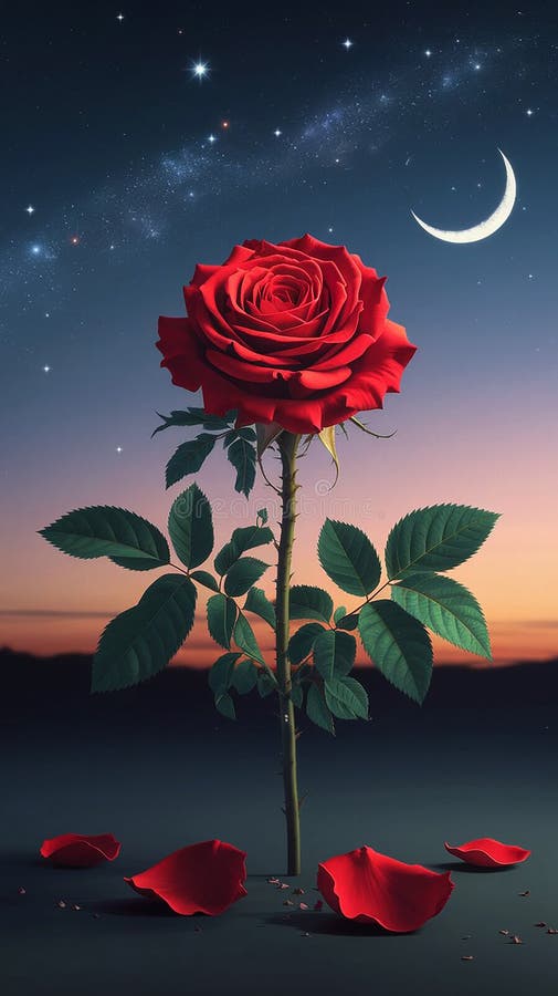 A Single Red Rose Under a Starry Night Sky Stock Illustration ...
