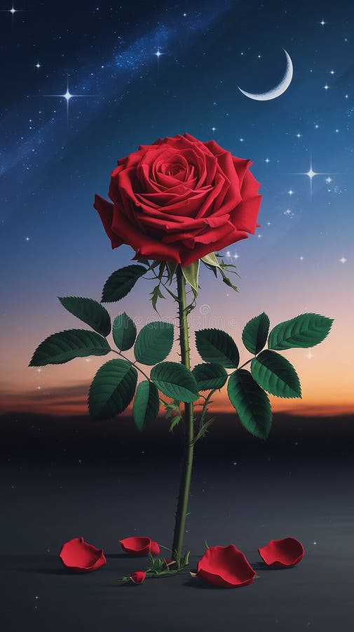 A Single Red Rose Under a Starry Night Sky Stock Illustration ...