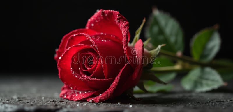A Single Red Rose with Water Droplets on it Stock Image - Image of leaf ...