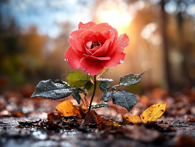 A Single Red Rose with Water Droplets on the Leaves Stock Image - Image ...
