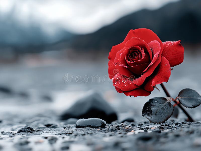 A Single Red Rose with Water Droplets on it Sitting on the Ground Stock ...