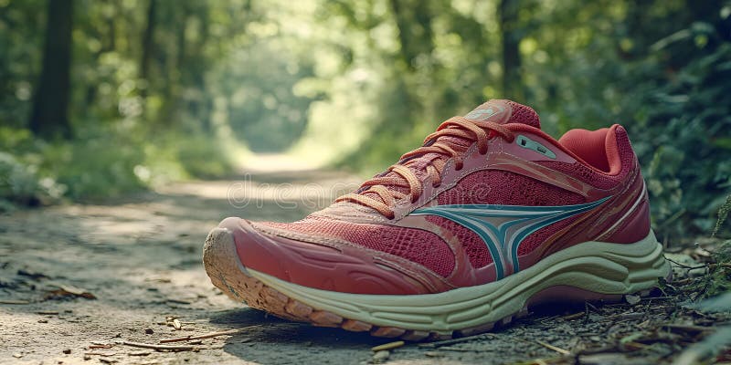 Single Red Running Shoe on Dirt Path with Greenery Stock Illustration ...