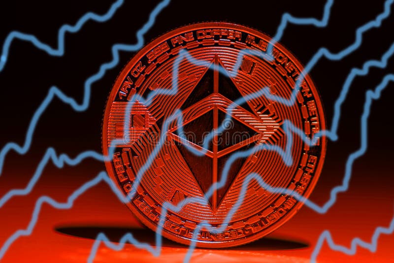 Single Red Shining Ether Coin from Ethereum with White and Blue Rising ...