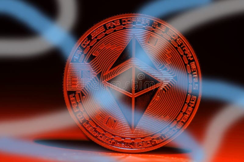 Single Red Shining Ether Coin from Ethereum with White and Blue Stipes ...