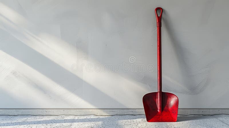 Single Red Shovel Standing Against a White Wall with Sunlight Shadows ...